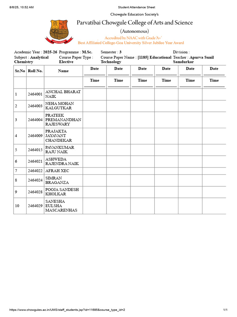 Student Attendance Sheet Educational Technology_Analytical Chemistry | PDF