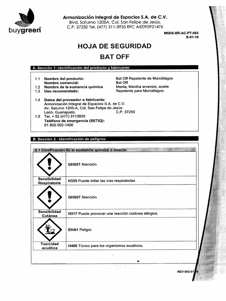 Hoja de Seguridad Bat Off | PDF