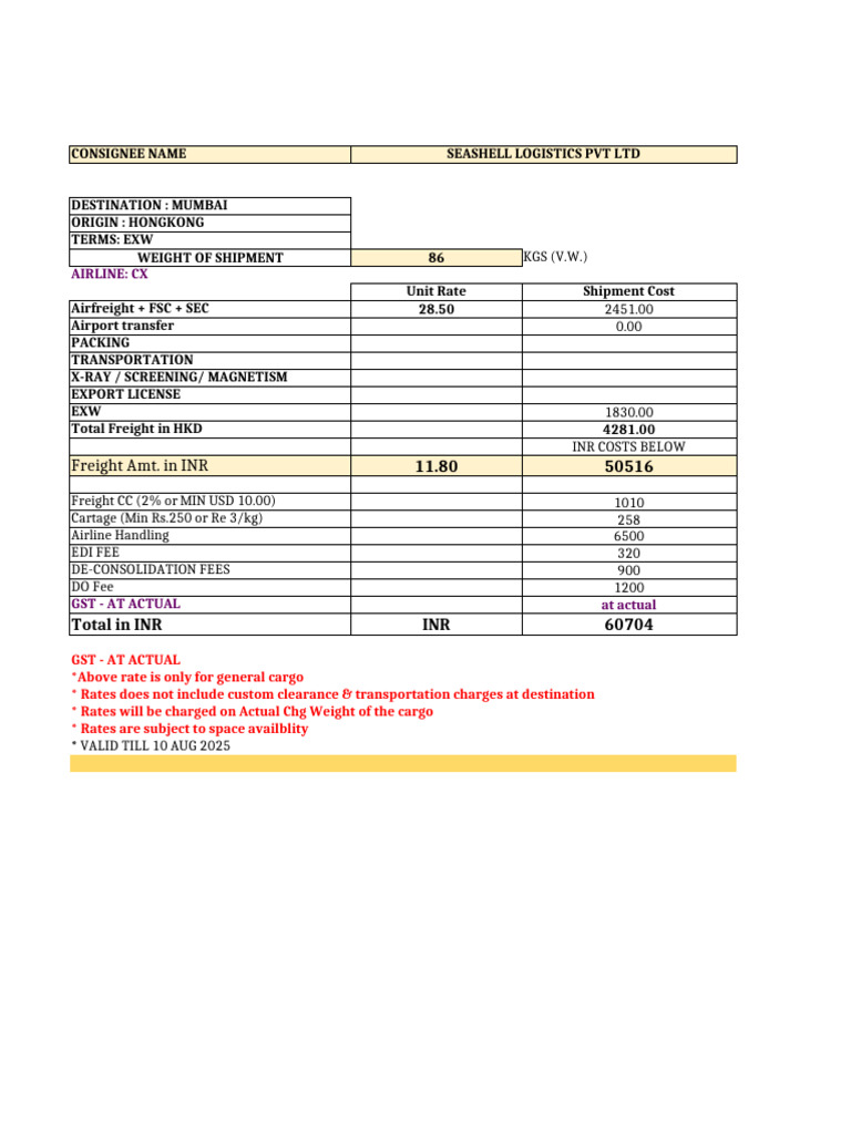 Seashell Logistics - AIR QUOTATION SHEET | PDF
