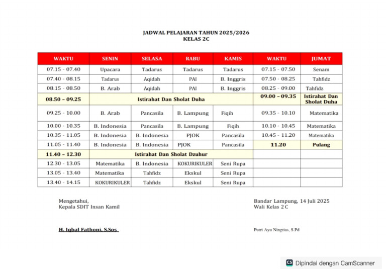 Jadwal Pelajaran Kelas 2C TP 2025-2026-2 | PDF