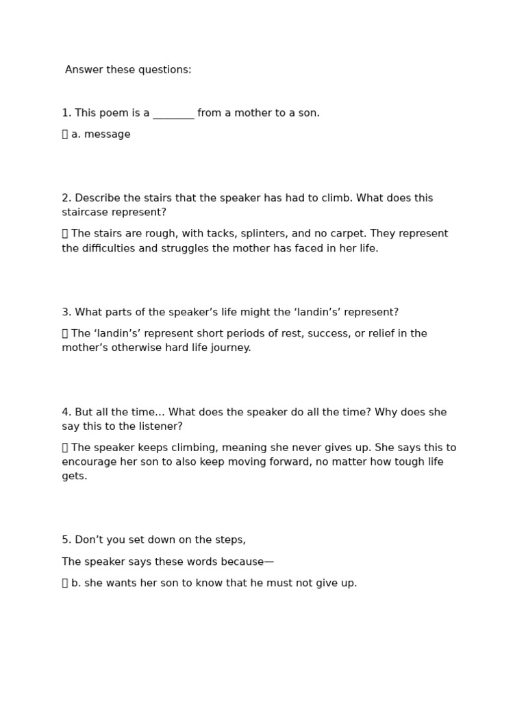 Mother to Son Poem Analysis Guide | PDF