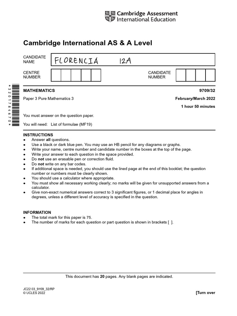 Cambridge International AS & A Level: Mathematics 9709/32 | PDF ...