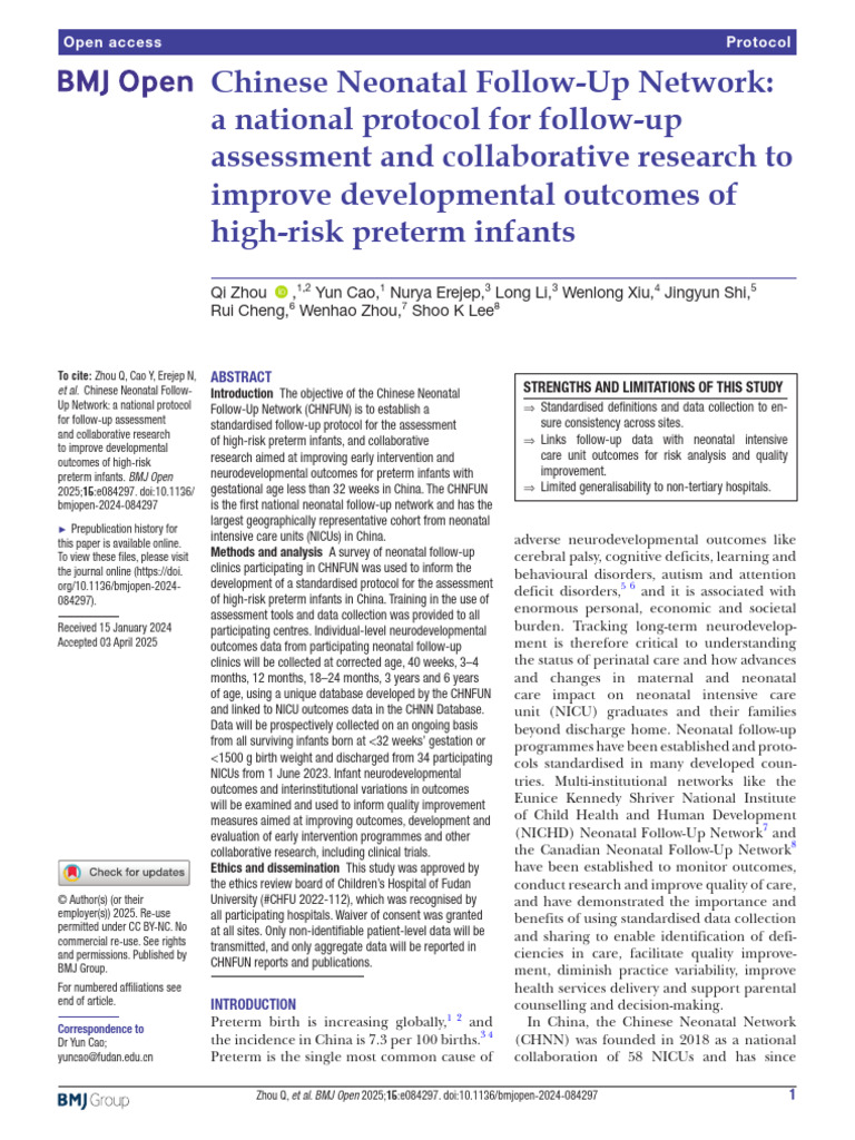 Chinese Neonatal Follow Up Network A National Protocol For Follow Up ...