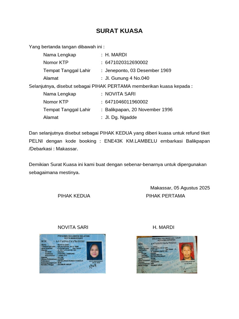 Surat Kuasa Refund Tiket Pelni | PDF