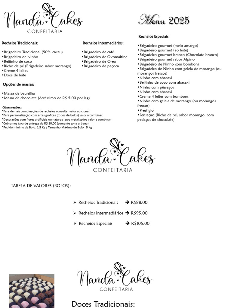 Menu Nanda Cakes 2025 | PDF | Chocolate | Sobremesas