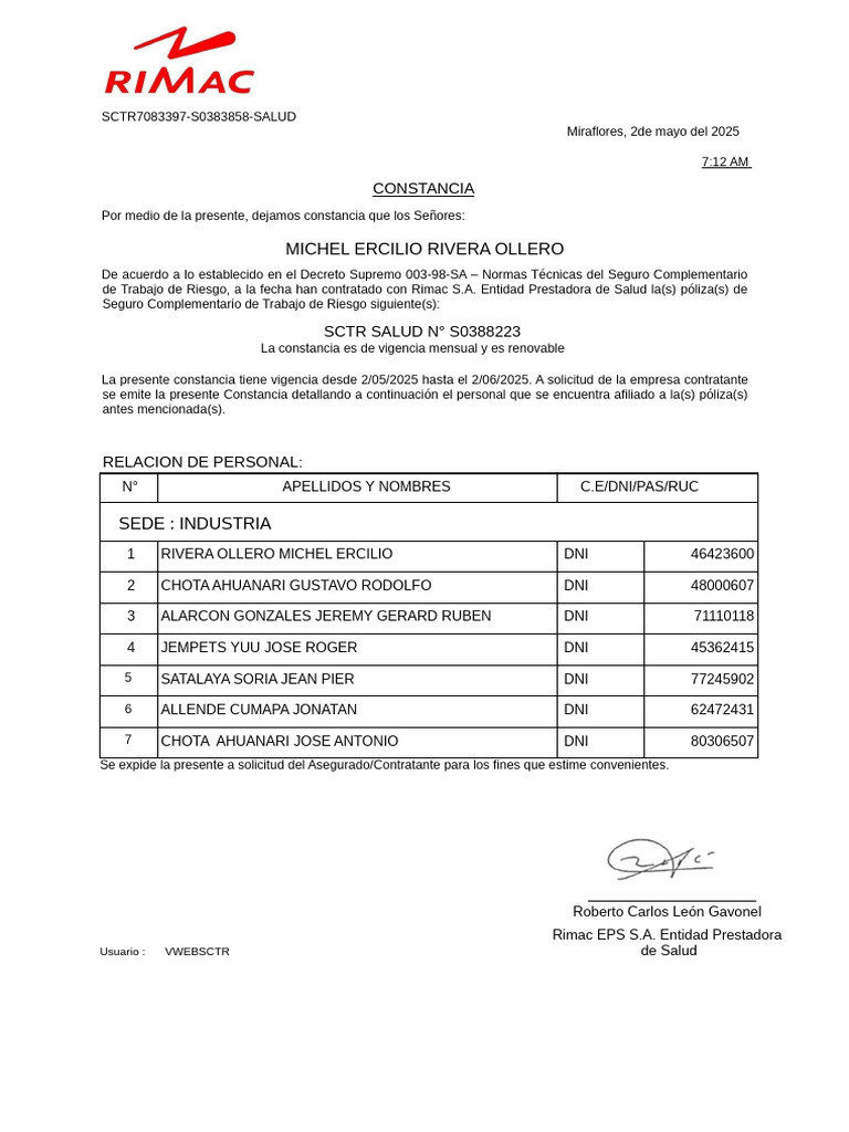 Michel Ercilio Rivera Ollero: Constancia | PDF