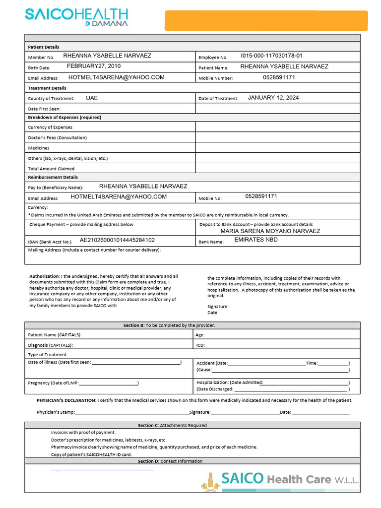 SAICO Medical Claim Form RHEANNA YSABELLE | PDF | Payments | Physician