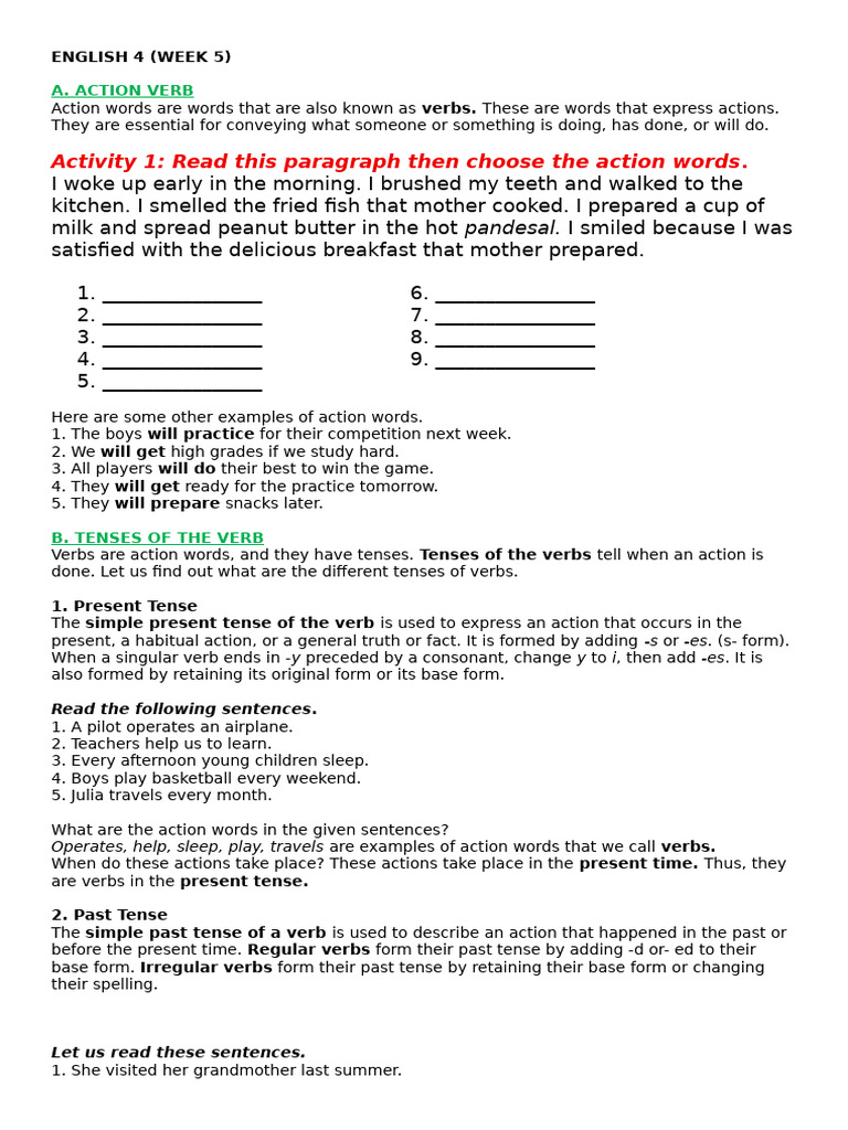 Action Verbs and Tenses Explained | PDF | Verb | Grammatical Tense