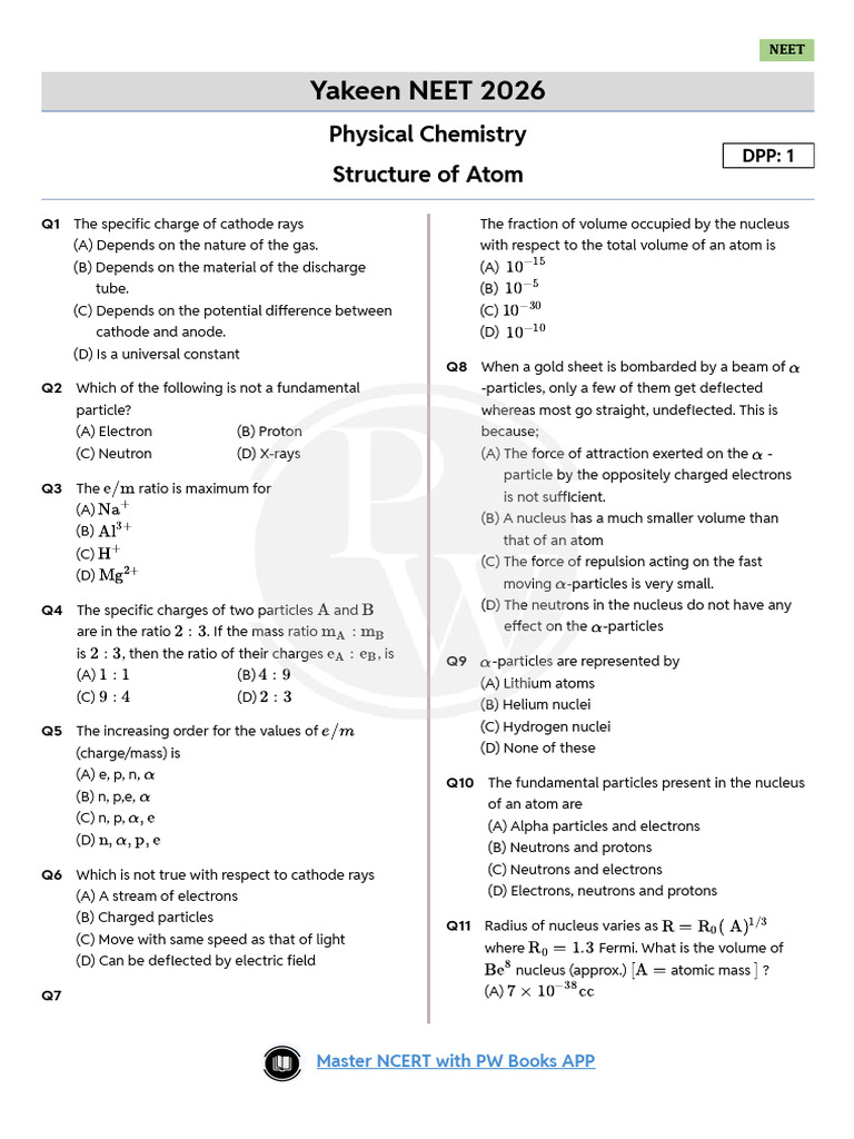 Structure of Atom DPP 01 (Of Lec-02) Yakeen NEET 2026 PDF | PDF | Atomic Nucleus | Atoms