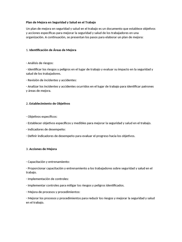 Plan de Mejora en Seguridad y Salud en El Trabajo Sandra Zayas | PDF ...
