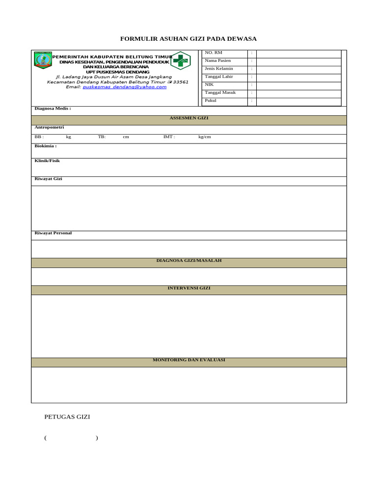 Formulir Asuhan Gizi Pada Dewasa | PDF