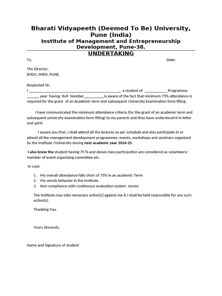 Attendance Undertaking by Students | PDF