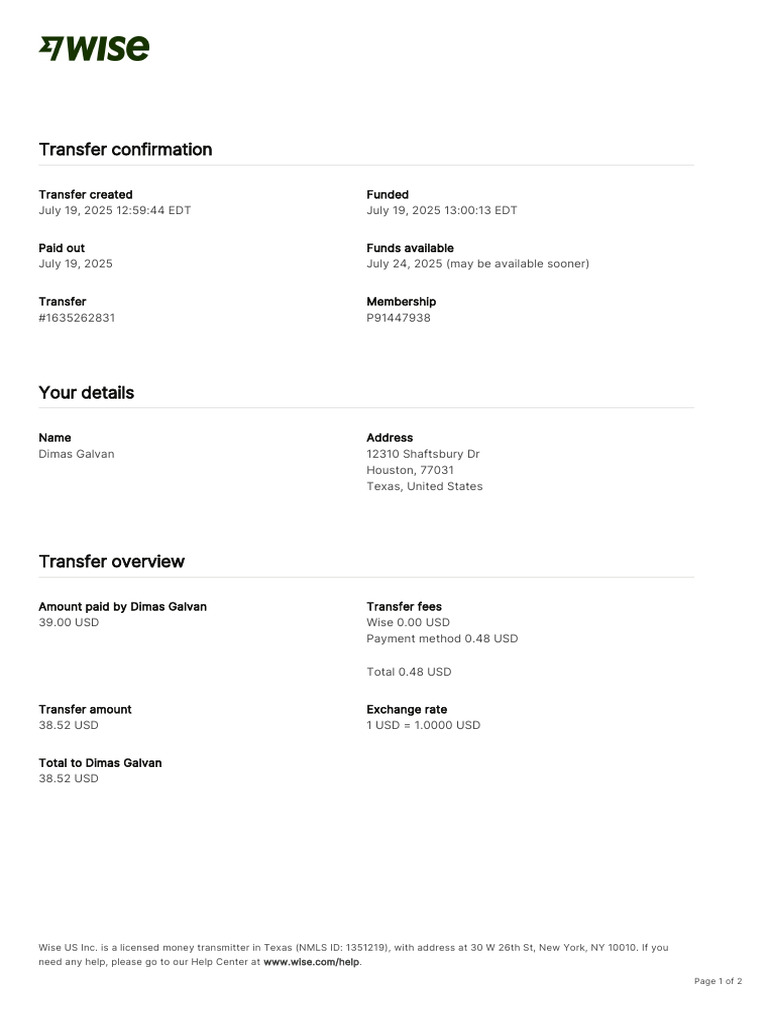Wise Transfer Confirmation Transfer 1635262831 5882869218 en | PDF ...