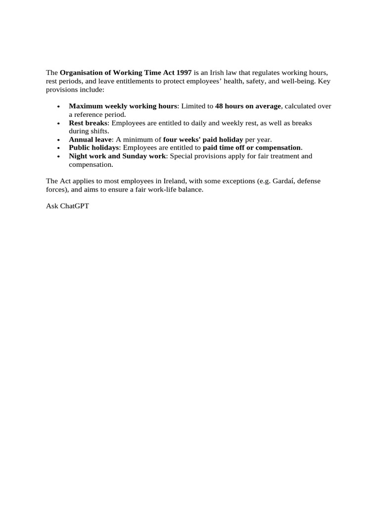 The Organisation of Working Time Act 1997 Is An Irish Law That ...