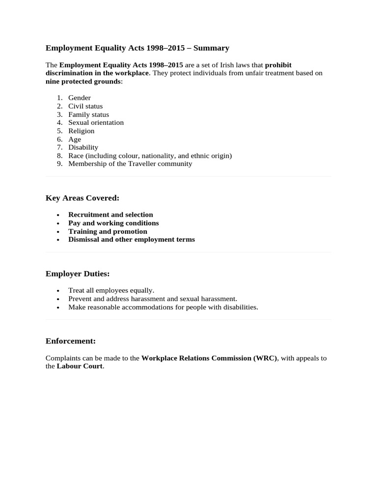 Summary of Employment Equality Acts 1998-2015 | PDF