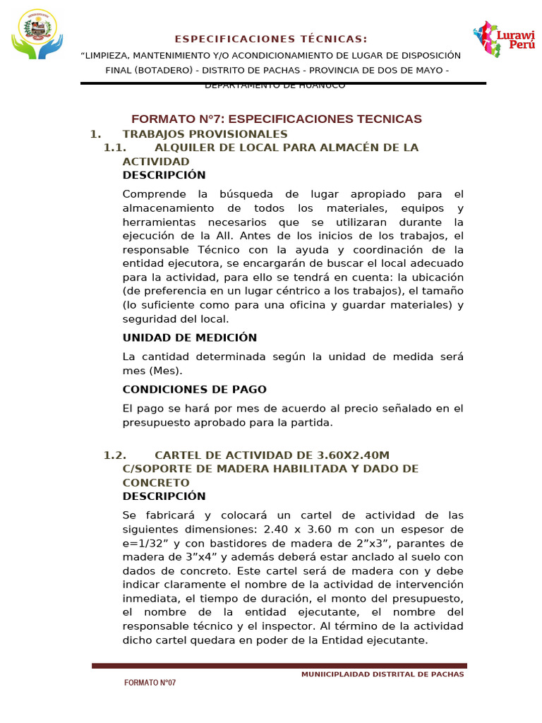 Especificaciones para Botadero en Pachas | PDF | Presupuesto | Color