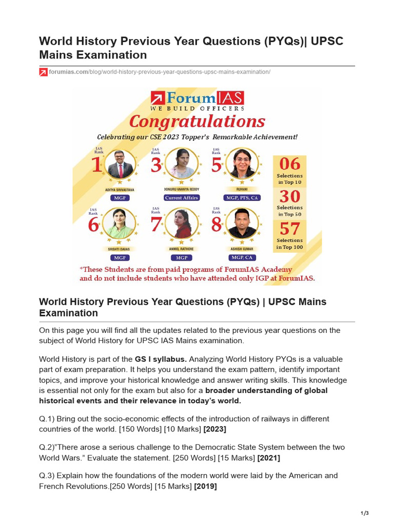 World History PYQs for UPSC Mains | PDF
