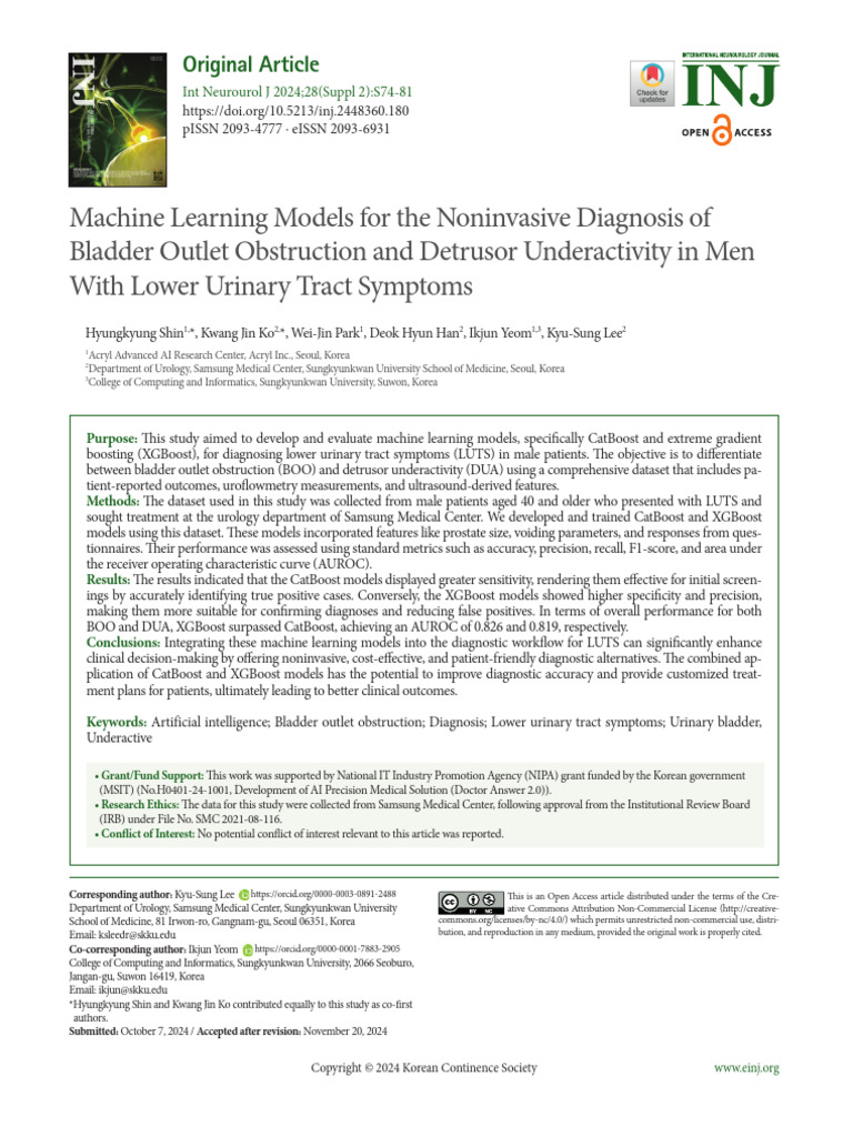 Machine Learning Models For The Noninvasive Diagnosis of Bladder Outlet ...
