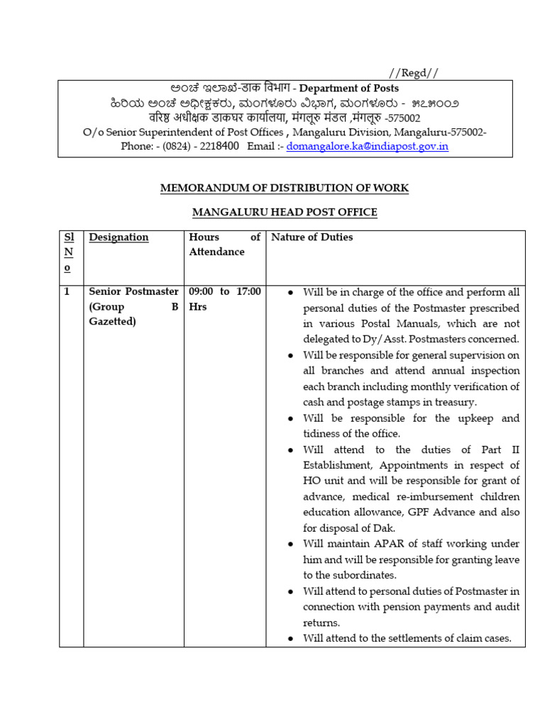 Memorandum of Work Distribution - Mangaluru | PDF | Mail | Cheque