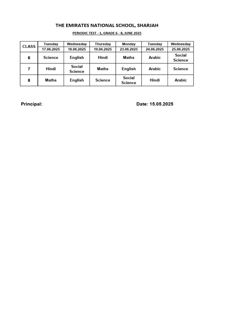 Emirates National School Test Schedule | PDF