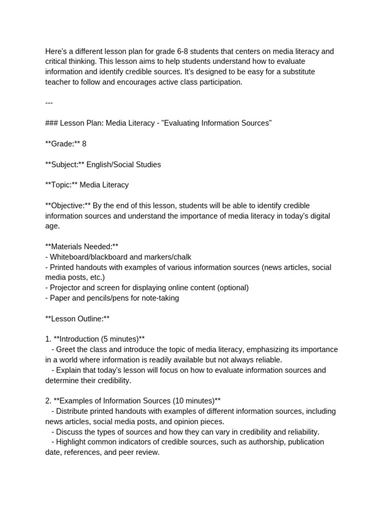 Media Literacy Lesson Plan for Grades 6-8 | PDF | Lesson Plan ...