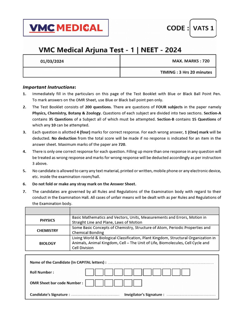 Medical (VATS-1) Arjuna Test-1 (01-03-2024) - NEET-2024 - Questions ...