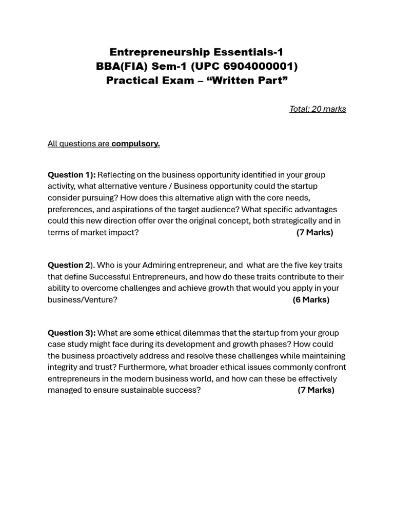 Entrepreneurship Essentials Practical Written Part | PDF