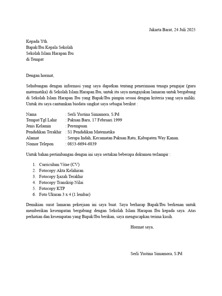 LAMARAN KERJA Sekolah Sekolah Islam Harapan Ibu SERLI YUSTINA | PDF