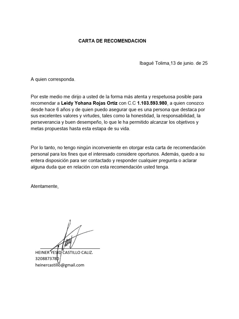 Carta Recomendacion Leidi Ort. | PDF