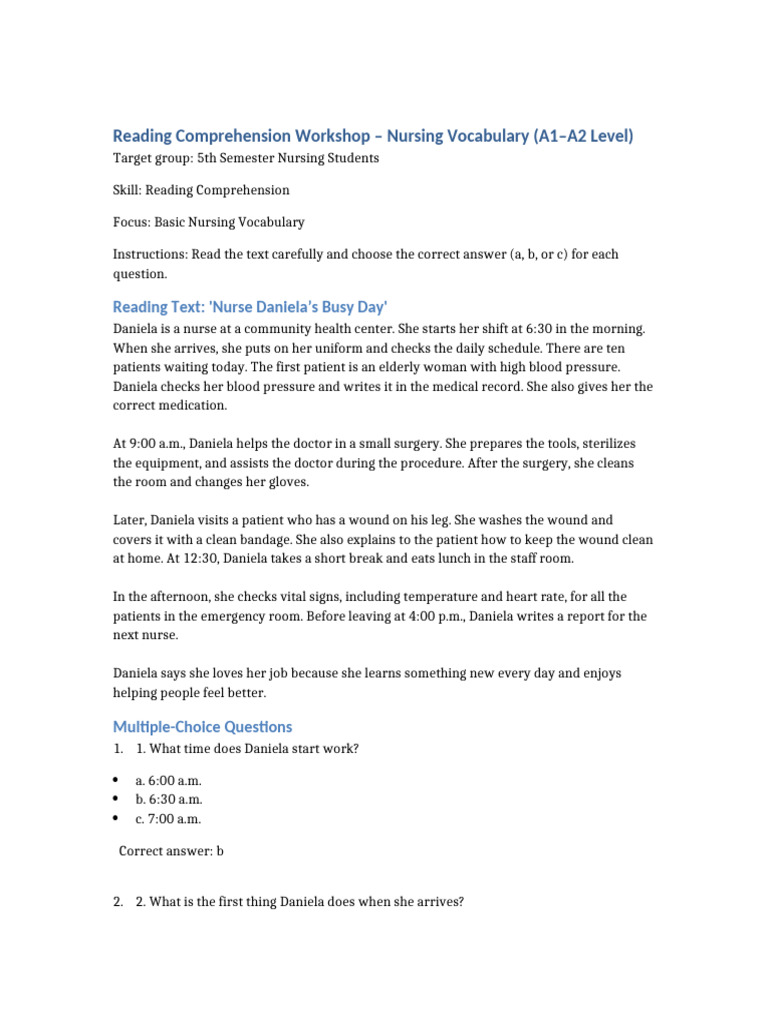 Nursing Reading Comprehension Workshop | PDF | Reading Comprehension ...