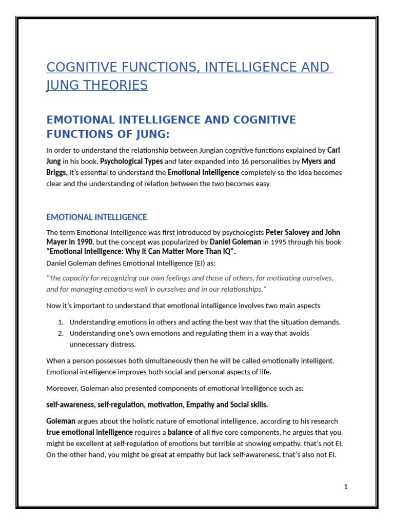 Jung's Cognitive Functions & EI Explained | PDF | Feeling | Emotional ...