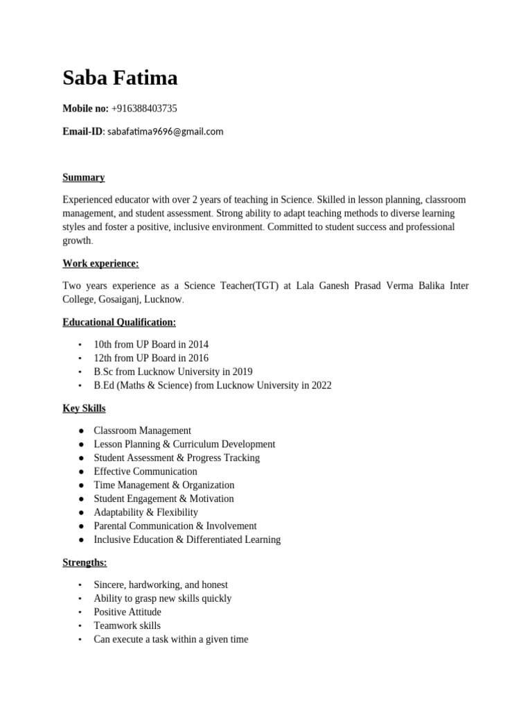 Science Teacher Resume - Saba Fatima | PDF