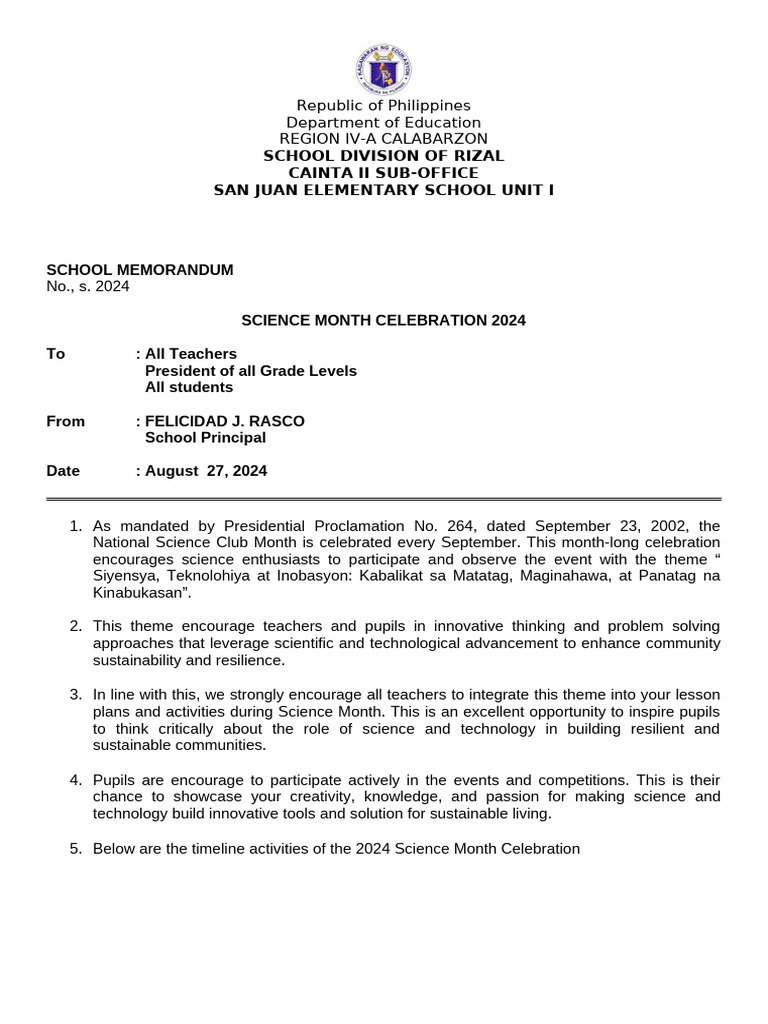 Science Month Celebration 2024 Theme | PDF