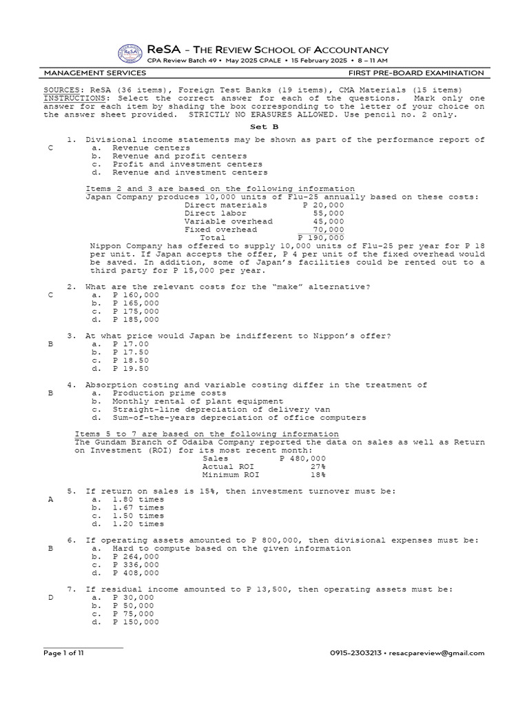 ReSA Batch 49 Pre-Board Exam Guide | PDF | Inventory | Business