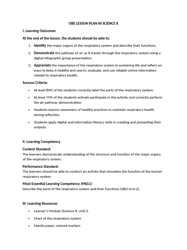 Science 8 Respiratory System Lesson Plan | PDF | Respiratory System ...