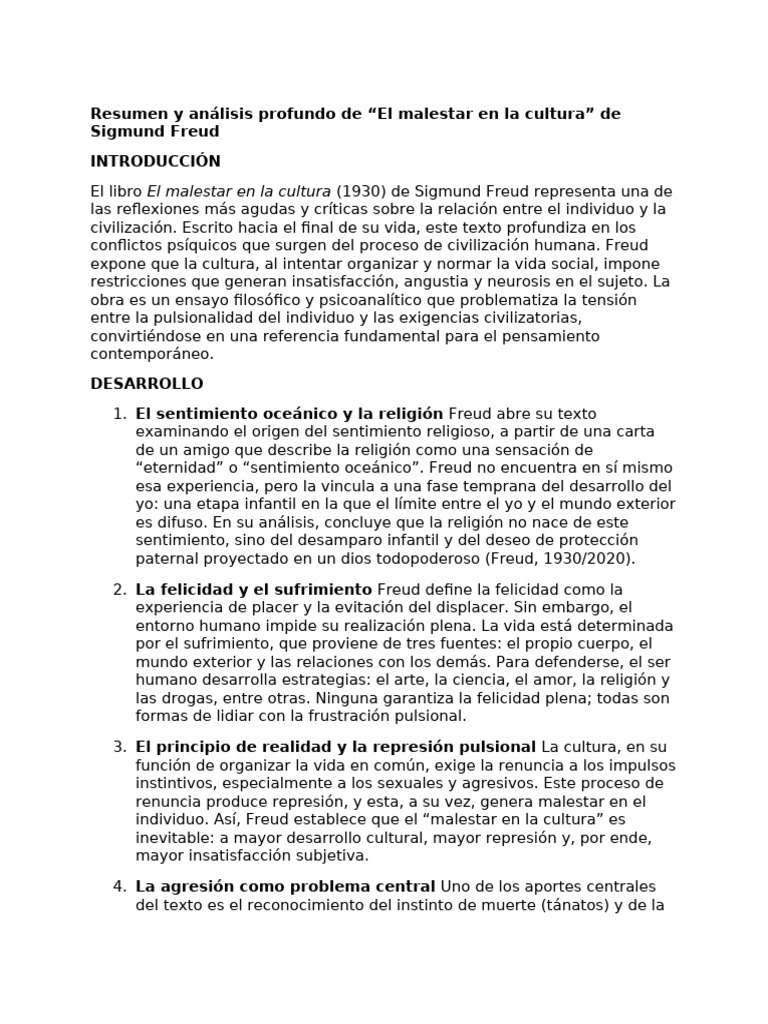Análisis de "El malestar en la cultura" | PDF | Sigmund Freud | Sicología