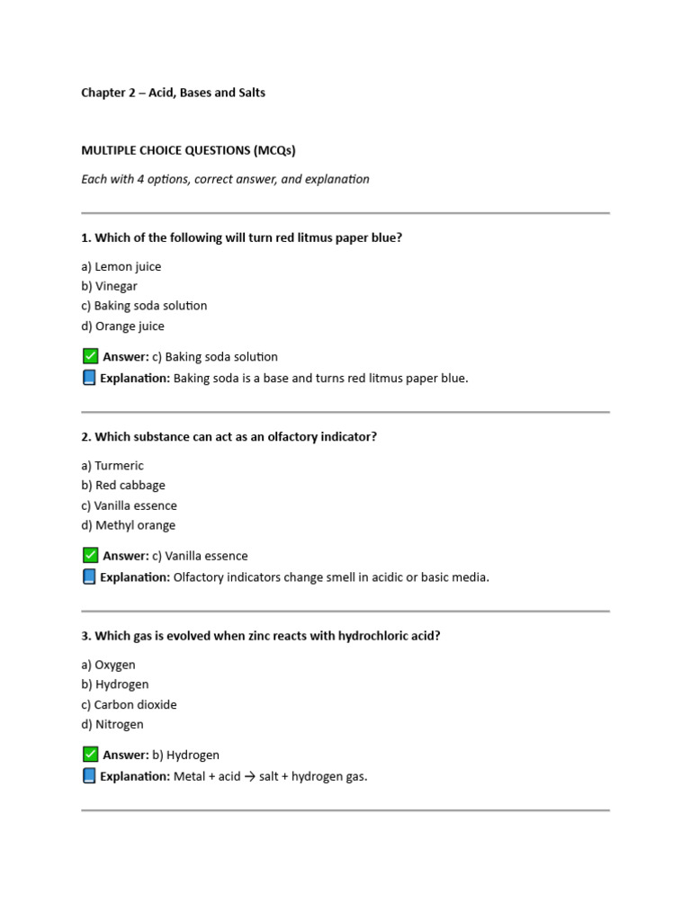 Questions - Chapter 2 - Acid Bases and Salts | PDF | Acid ...