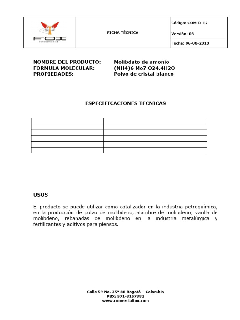 Com-R-12 Ficha Tecnica Molibdato de Amonio - 20231210 - P-Int-1110 | PDF