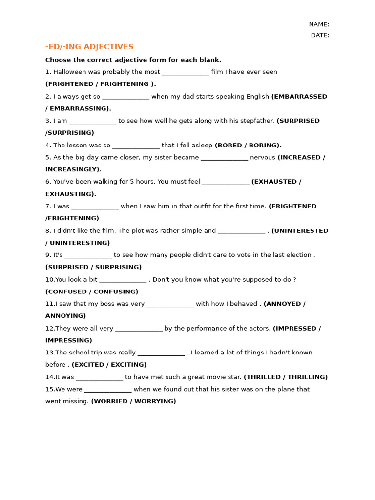 Ed/Ing Adjectives Exercise Worksheet | PDF
