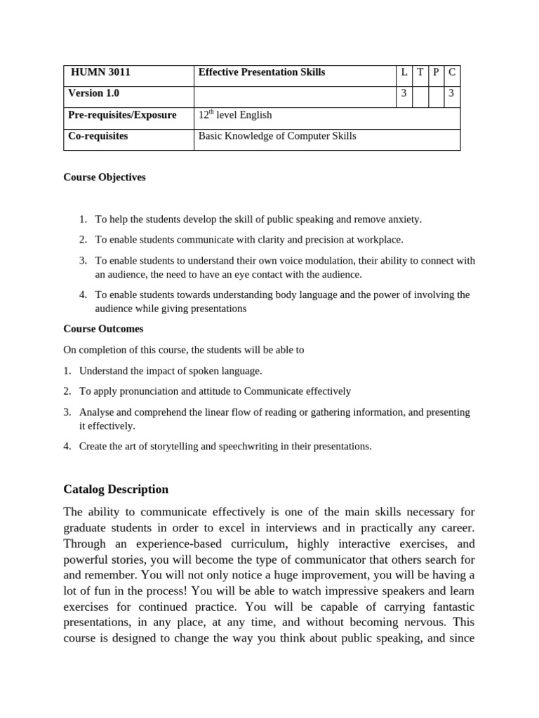 Presentation Skills Course Outline | PDF | Public Speaking | Learning