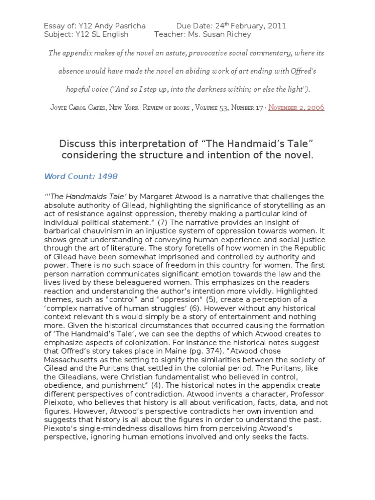 English Handmaid's Tale Essay - Andy Uploaded | PDF | Narration | Narrative