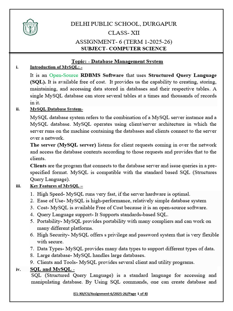 Class 12 CS Assignment-6 2025-26 | PDF | Databases | Sql