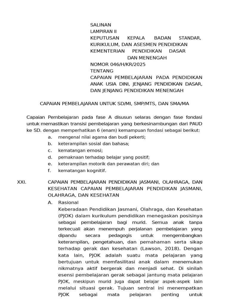 Capaian Pembelajaran PJOK untuk Pendidikan | PDF
