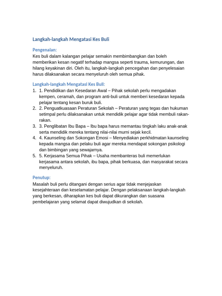 Nota Langkah-Langkah Mengatasi Kes Buli | PDF