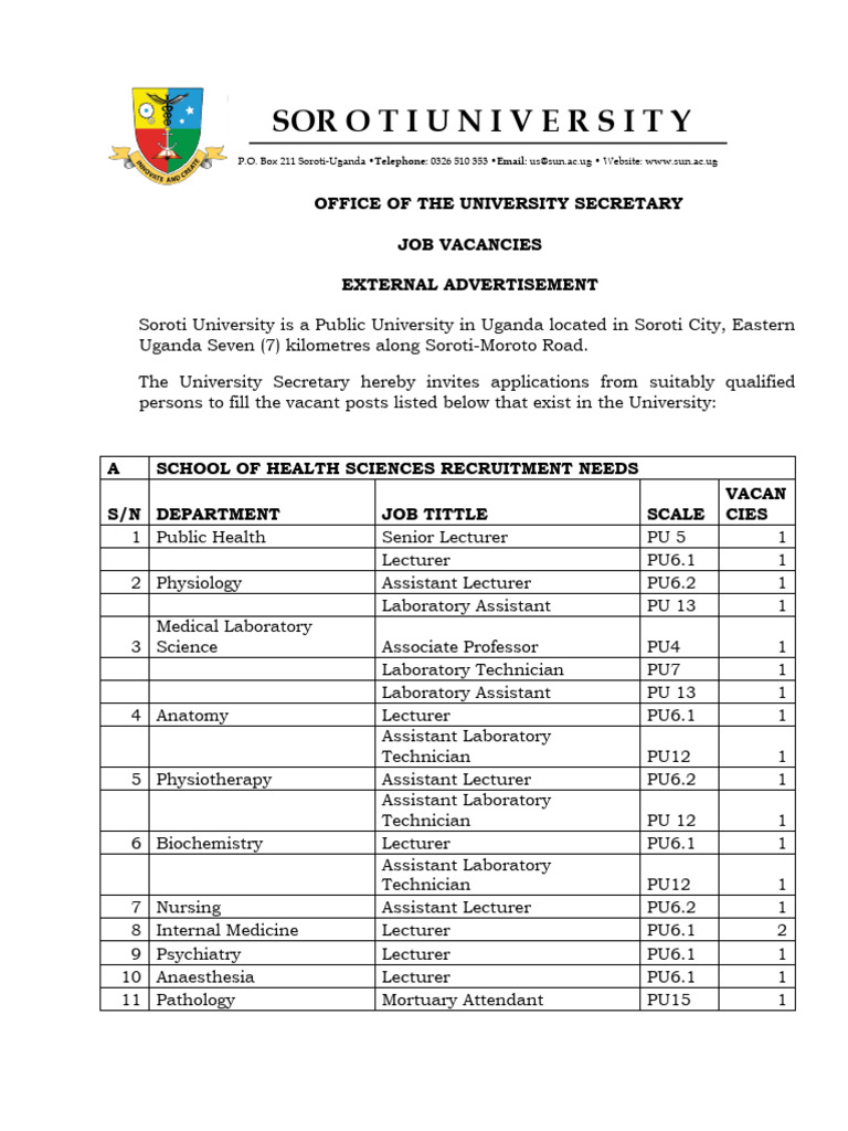 Soroti University Job Vacancies 2025 | PDF | Laboratories | Physical ...