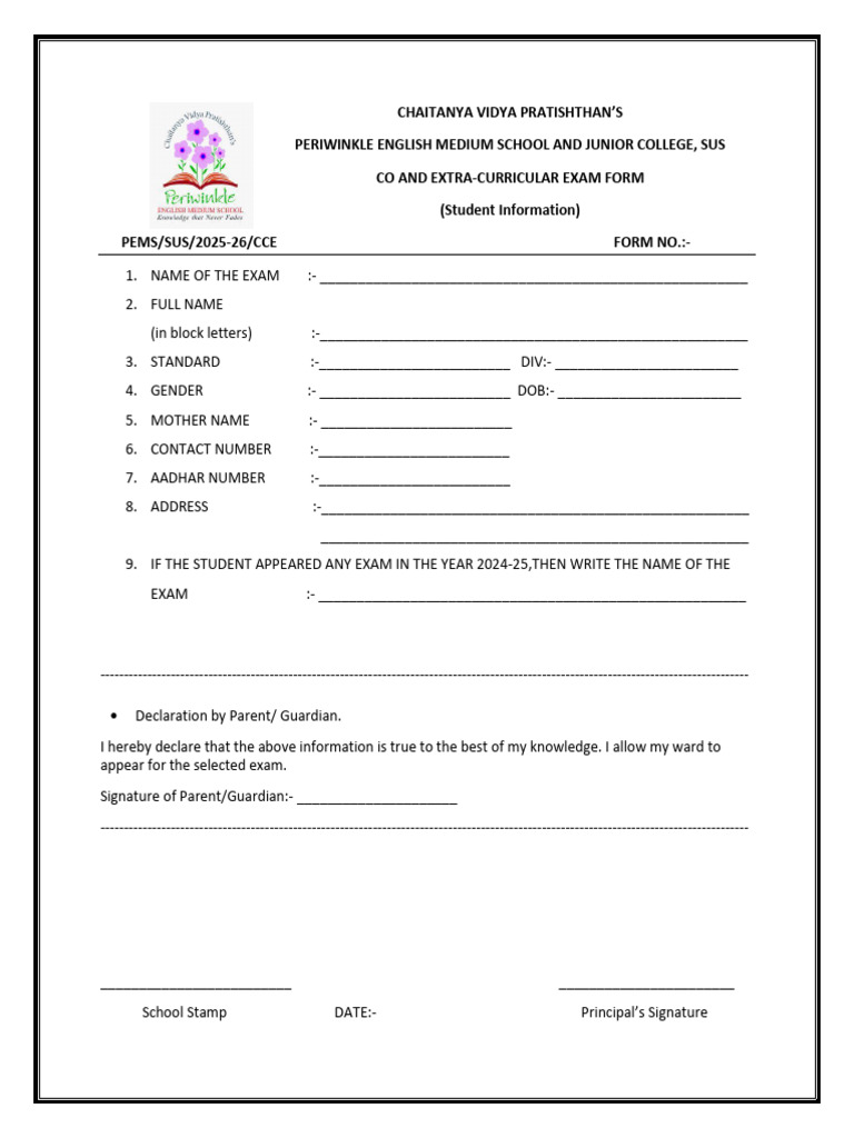Student Information Form Pems 2025 | PDF