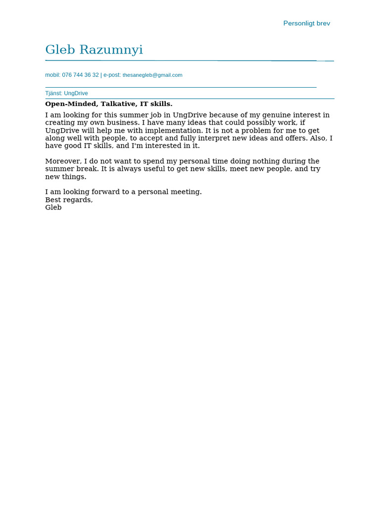 Personligt Brev - Mall | PDF