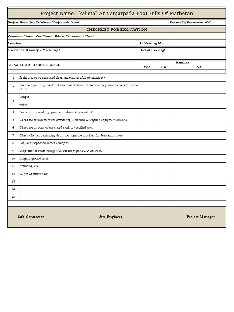 Excavation Safety Checklist for Kalista | PDF
