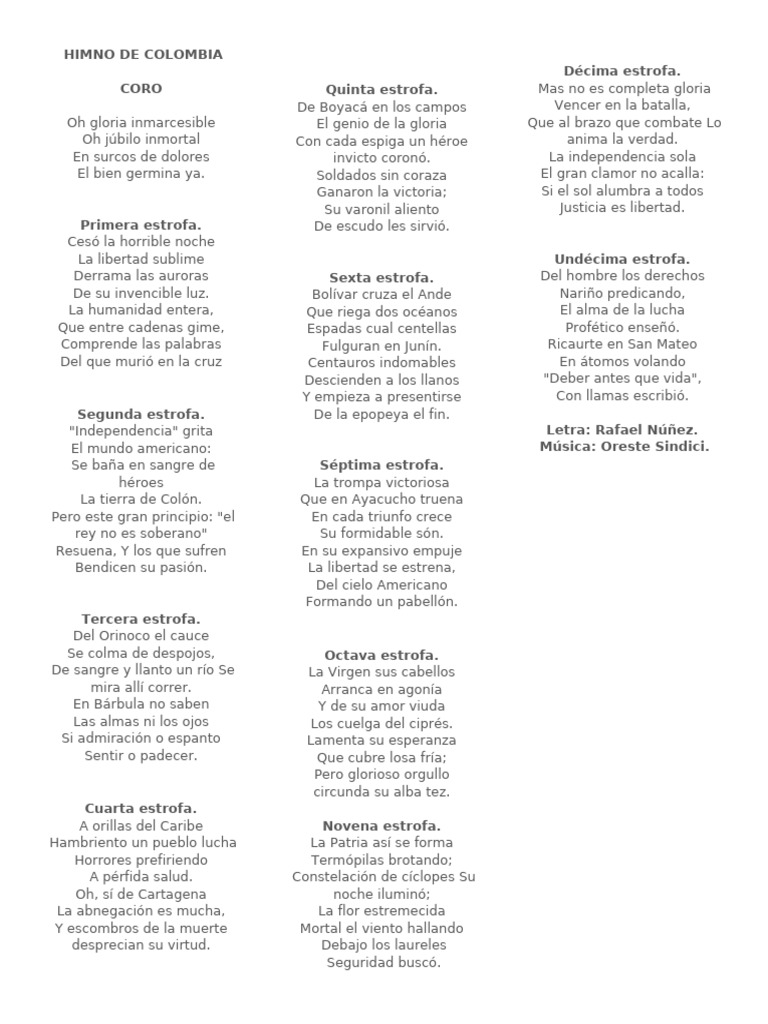 Letra Del Himno Nacional De Colombia Pdf