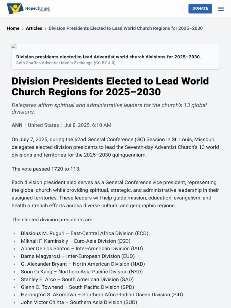 Division Presidents Elected To Lead World Church Regions For 2025-2030 ...